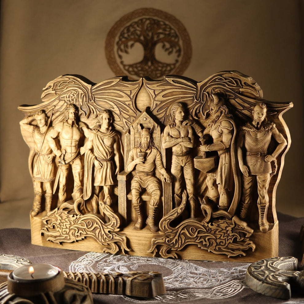 Wooden Family of Odin Statue: Intricate Norse Mythology Carving – Art ...