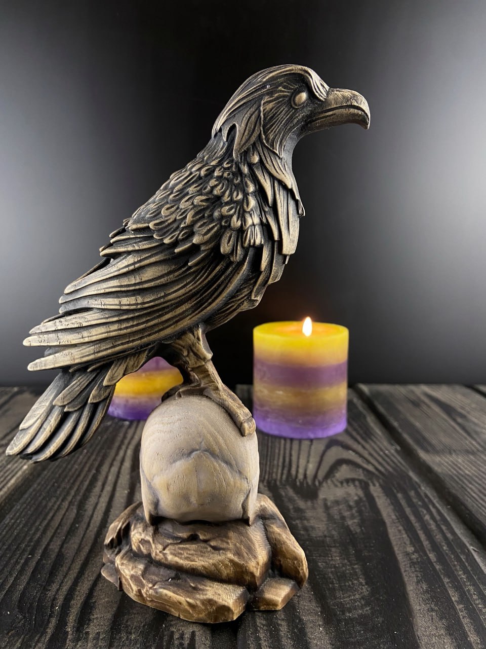 Wooden Carved Crow on Skull: Gothic Raven Statue Made from Ash Tree ...