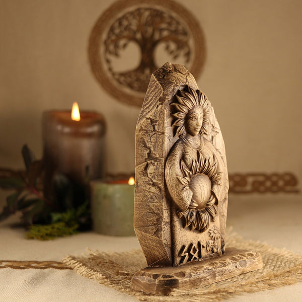 Wooden Norse Pagan Mini Statue of Sol for Altar – Art Carving Shop